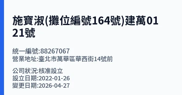 施寶淑(攤位編號164號)建萬0121號的照片-統編 88267067(臺北市) 公司登記資料與營業項目詳細圖表