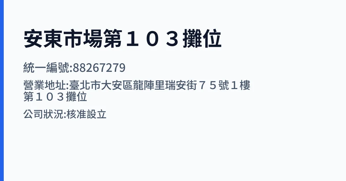安東市場第103攤位 - 統編 88267279(臺北市) 公司登記資料與營業項目詳細圖表