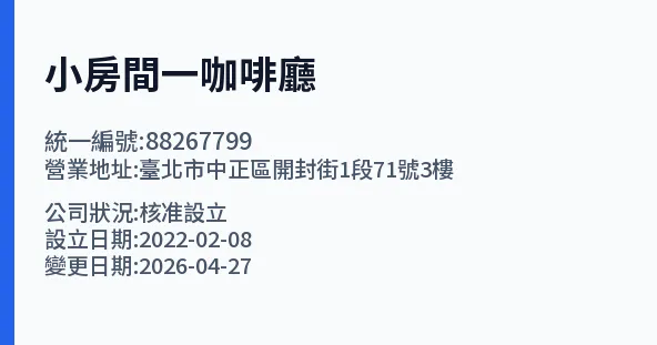 小房間一咖啡廳的照片-統編 88267799(臺北市) 公司登記資料與營業項目詳細圖表