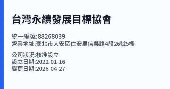 台灣永續發展目標協會的照片-統編 88268039(臺北市) 公司登記資料與營業項目詳細圖表