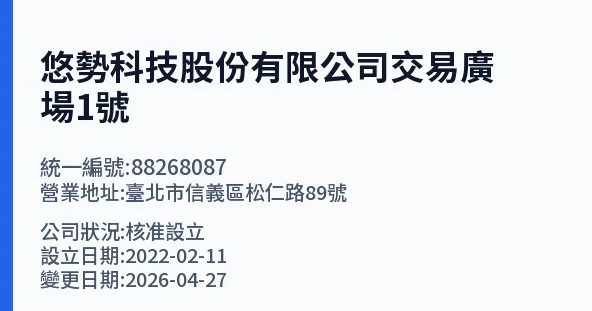 悠勢科技股份有限公司交易廣場1號的照片-統編 88268087(臺北市) 公司登記資料與營業項目詳細圖表