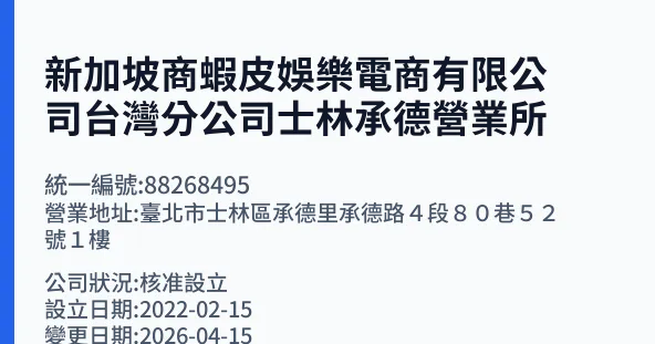 新加坡商蝦皮娛樂電商有限公司台灣分公司士林承德營業所的照片-統編 88268495(臺北市) 公司登記資料與營業項目詳細圖表