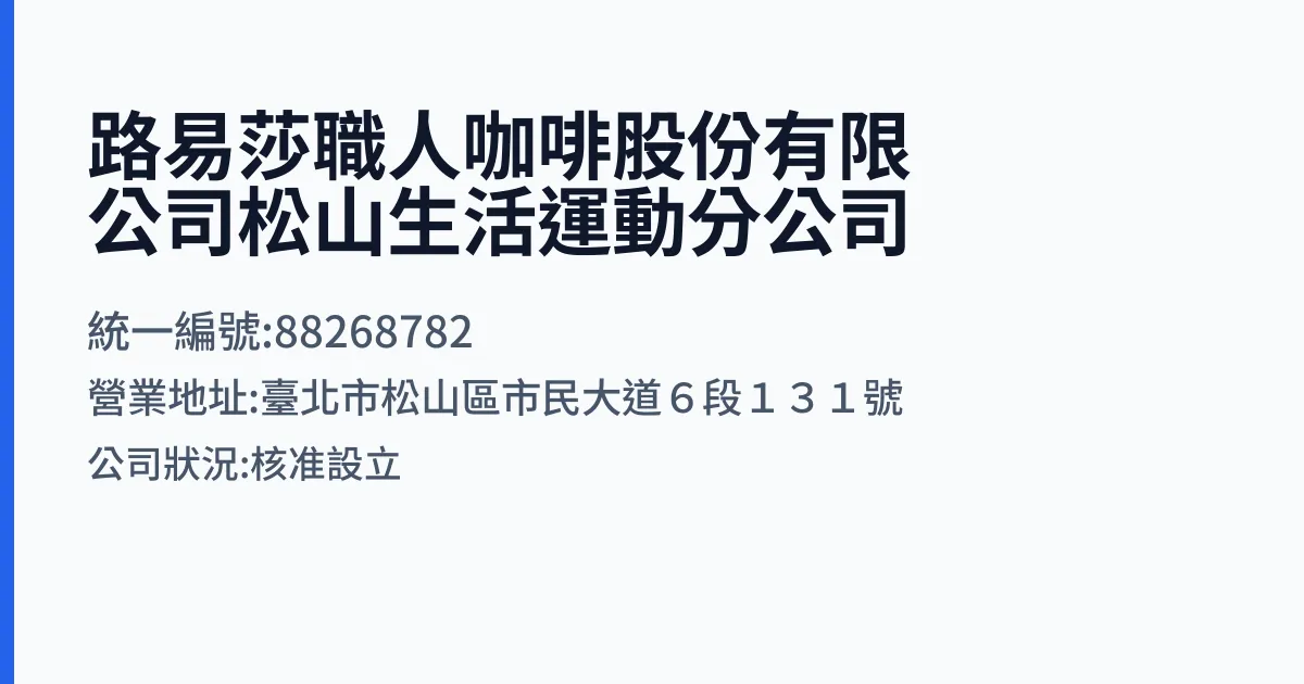 路易莎職人咖啡股份有限公司松山生活運動分公司 - 統編 88268782(臺北市) 公司登記資料與營業項目詳細圖表