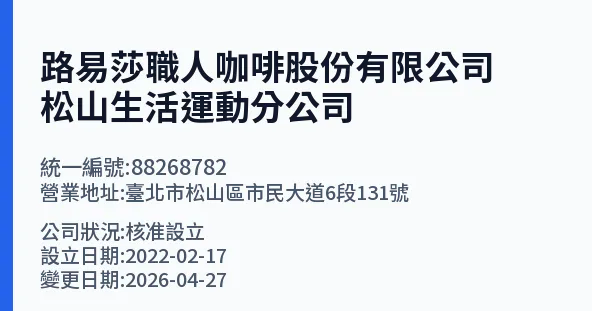 路易莎職人咖啡股份有限公司松山生活運動分公司的照片-統編 88268782(臺北市) 公司登記資料與營業項目詳細圖表