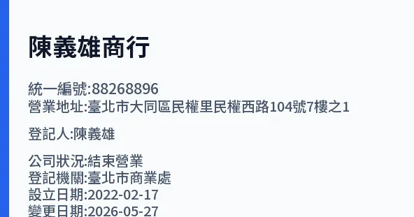 陳義雄商行的照片-統編 88268896(臺北市) 公司登記資料與營業項目詳細圖表