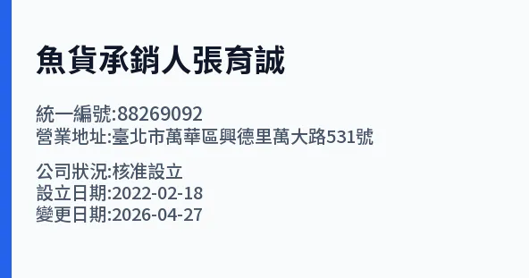 魚貨承銷人張育誠的照片-統編 88269092(臺北市) 公司登記資料與營業項目詳細圖表