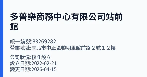 多普樂商務中心有限公司站前館的照片-統編 88269282(臺北市) 公司登記資料與營業項目詳細圖表