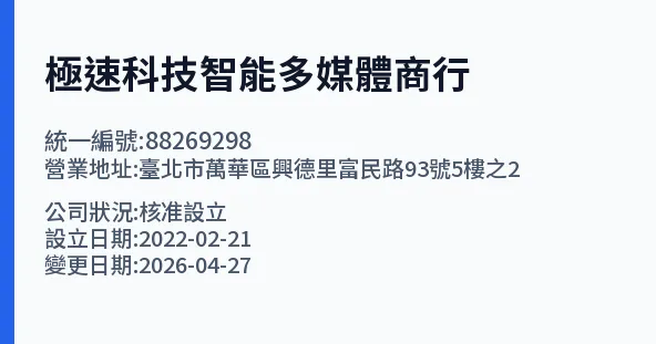 極速科技智能多媒體商行的照片-統編 88269298(臺北市) 公司登記資料與營業項目詳細圖表