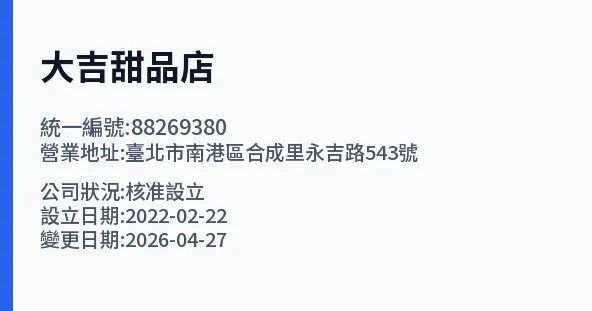 大吉甜品店的照片-統編 88269380(臺北市) 公司登記資料與營業項目詳細圖表