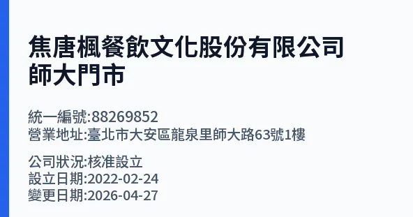 焦唐楓餐飲文化股份有限公司師大門市的照片-統編 88269852(臺北市) 公司登記資料與營業項目詳細圖表
