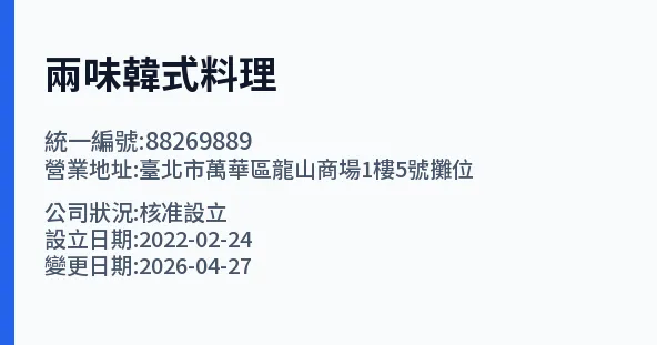 兩味韓式料理的照片-統編 88269889(臺北市) 公司登記資料與營業項目詳細圖表