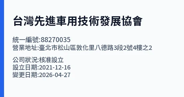 台灣先進車用技術發展協會的照片-統編 88270035(臺北市) 公司登記資料與營業項目詳細圖表