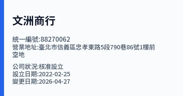 文洲商行的照片-統編 88270062(臺北市) 公司登記資料與營業項目詳細圖表
