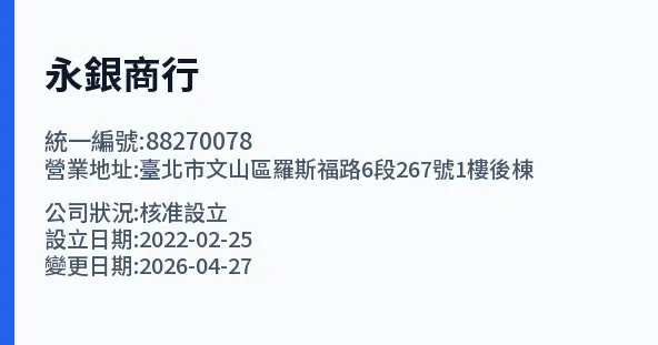永銀商行的照片-統編 88270078(臺北市) 公司登記資料與營業項目詳細圖表