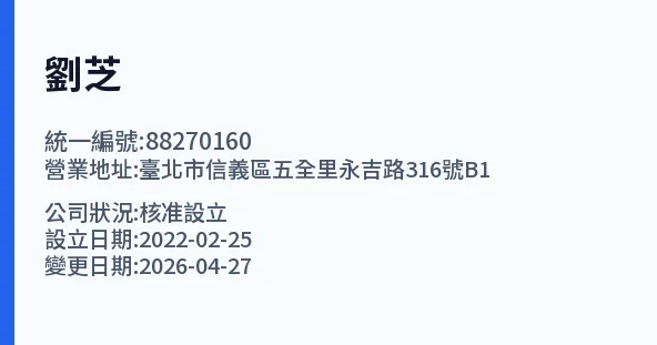劉芝的照片-統編 88270160(臺北市) 公司登記資料與營業項目詳細圖表