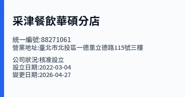 采津餐飲華碩分店的照片-統編 88271061(臺北市) 公司登記資料與營業項目詳細圖表
