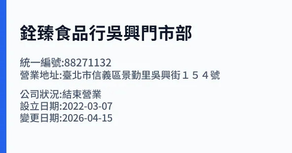 銓臻食品行吳興門市部的照片-統編 88271132(臺北市) 公司登記資料與營業項目詳細圖表