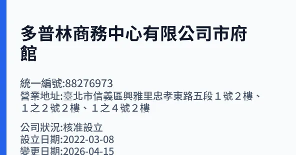 多普林商務中心有限公司市府館的照片-統編 88276973(臺北市) 公司登記資料與營業項目詳細圖表