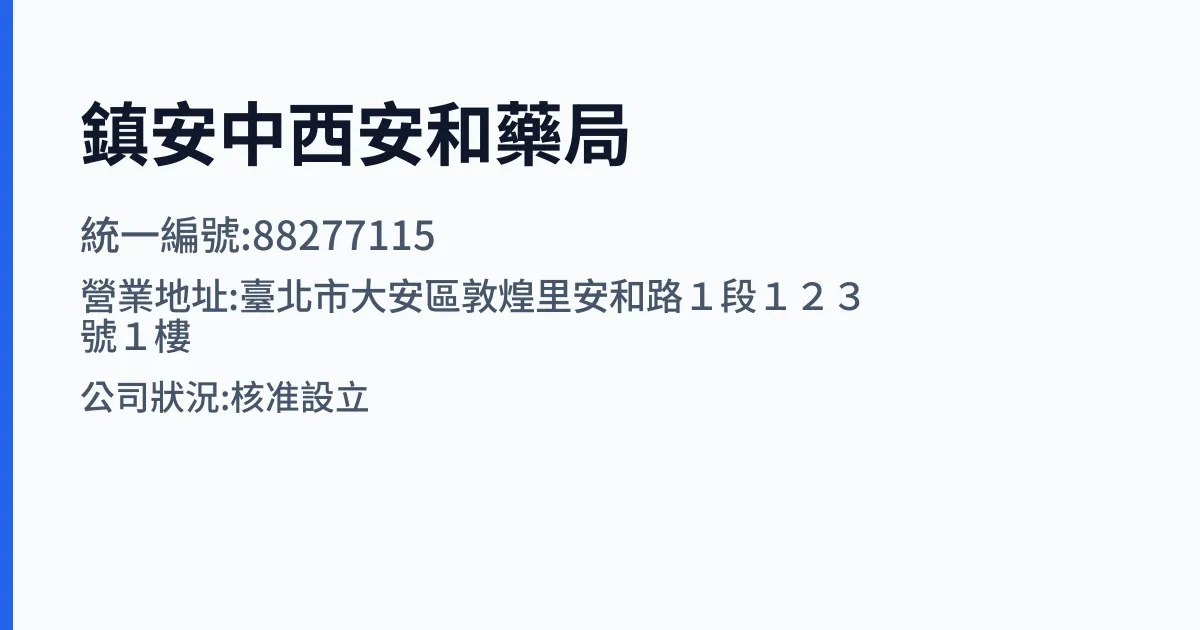 鎮安中西安和藥局 - 統編 88277115(臺北市) 公司登記資料與營業項目詳細圖表