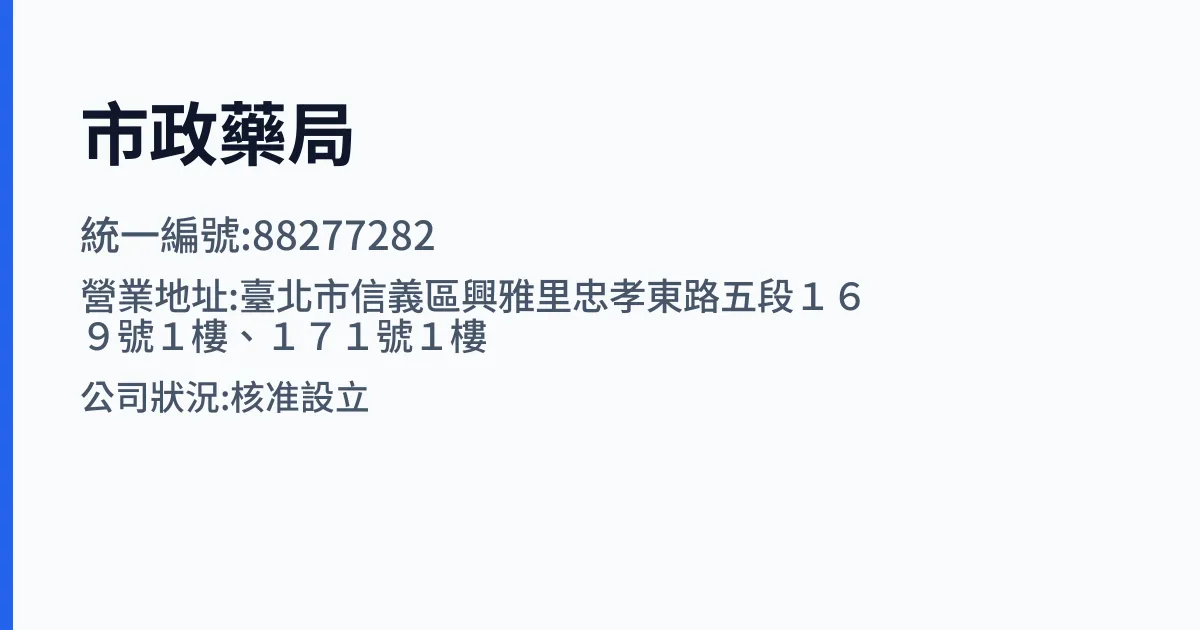 市政藥局 - 統編 88277282(臺北市) 公司登記資料與營業項目詳細圖表