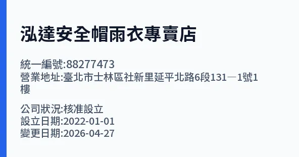 泓達安全帽雨衣專賣店的照片-統編 88277473(臺北市) 公司登記資料與營業項目詳細圖表
