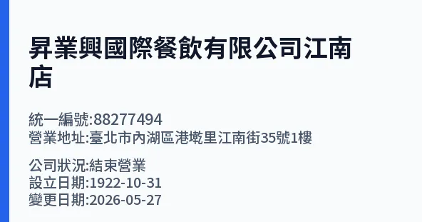 昇業興國際餐飲有限公司江南店的照片-統編 88277494(臺北市) 公司登記資料與營業項目詳細圖表
