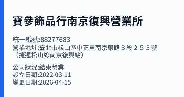 寶參飾品行南京復興營業所的照片-統編 88277683(臺北市) 公司登記資料與營業項目詳細圖表