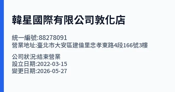 韓星國際有限公司敦化店的照片-統編 88278091(臺北市) 公司登記資料與營業項目詳細圖表
