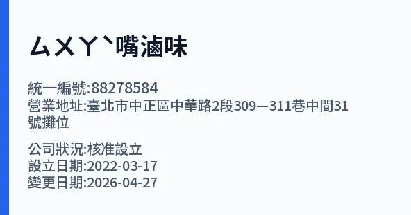 ㄙㄨㄚˋ嘴滷味的照片-統編 88278584(臺北市) 公司登記資料與營業項目詳細圖表