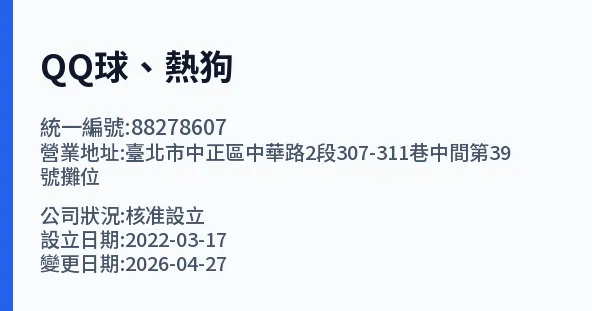 QQ球、熱狗的照片-統編 88278607(臺北市) 公司登記資料與營業項目詳細圖表