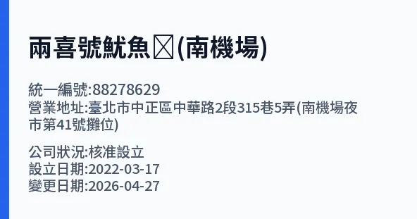 兩喜號魷魚焿(南機場)的照片-統編 88278629(臺北市) 公司登記資料與營業項目詳細圖表