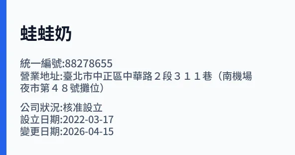 蛙蛙奶的照片-統編 88278655(臺北市) 公司登記資料與營業項目詳細圖表