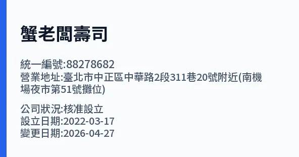 蟹老闆壽司的照片-統編 88278682(臺北市) 公司登記資料與營業項目詳細圖表