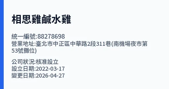 相思雞鹹水雞的照片-統編 88278698(臺北市) 公司登記資料與營業項目詳細圖表
