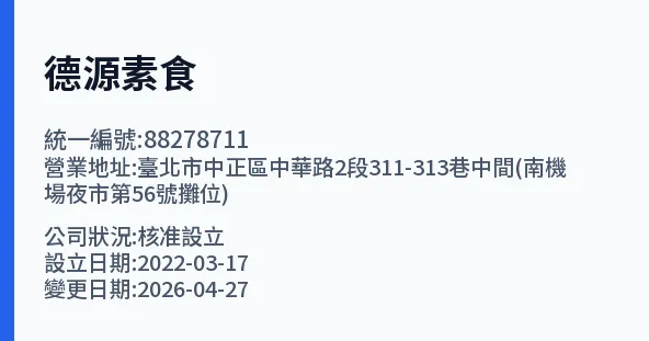 德源素食的照片-統編 88278711(臺北市) 公司登記資料與營業項目詳細圖表