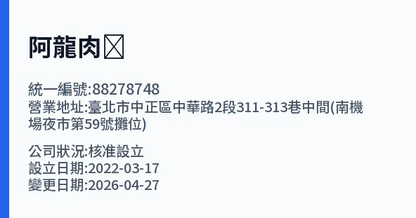 阿龍肉焿的照片-統編 88278748(臺北市) 公司登記資料與營業項目詳細圖表