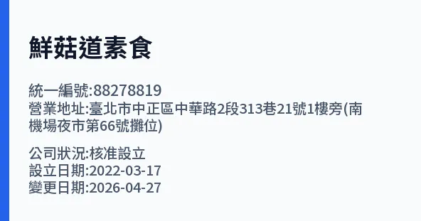 鮮菇道素食的照片-統編 88278819(臺北市) 公司登記資料與營業項目詳細圖表