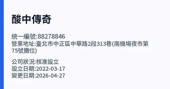 酸中傳奇的照片-統編 88278846(臺北市) 公司登記資料與營業項目詳細圖表