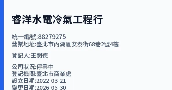 睿洋水電冷氣工程行的照片-統編 88279275(臺北市) 公司登記資料與營業項目詳細圖表