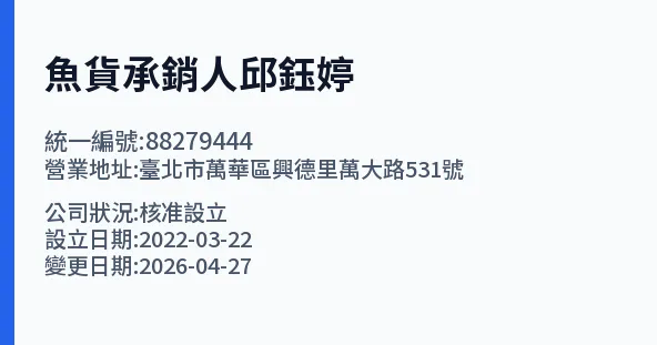 魚貨承銷人邱鈺婷的照片-統編 88279444(臺北市) 公司登記資料與營業項目詳細圖表