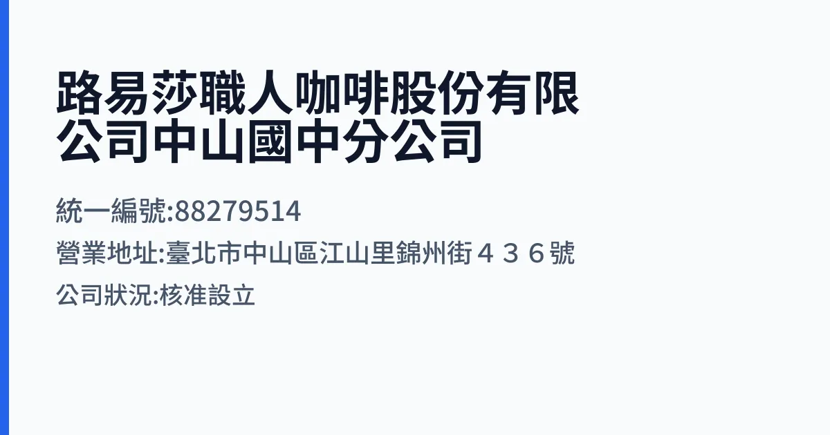 路易莎職人咖啡股份有限公司中山國中分公司 - 統編 88279514(臺北市) 公司登記資料與營業項目詳細圖表
