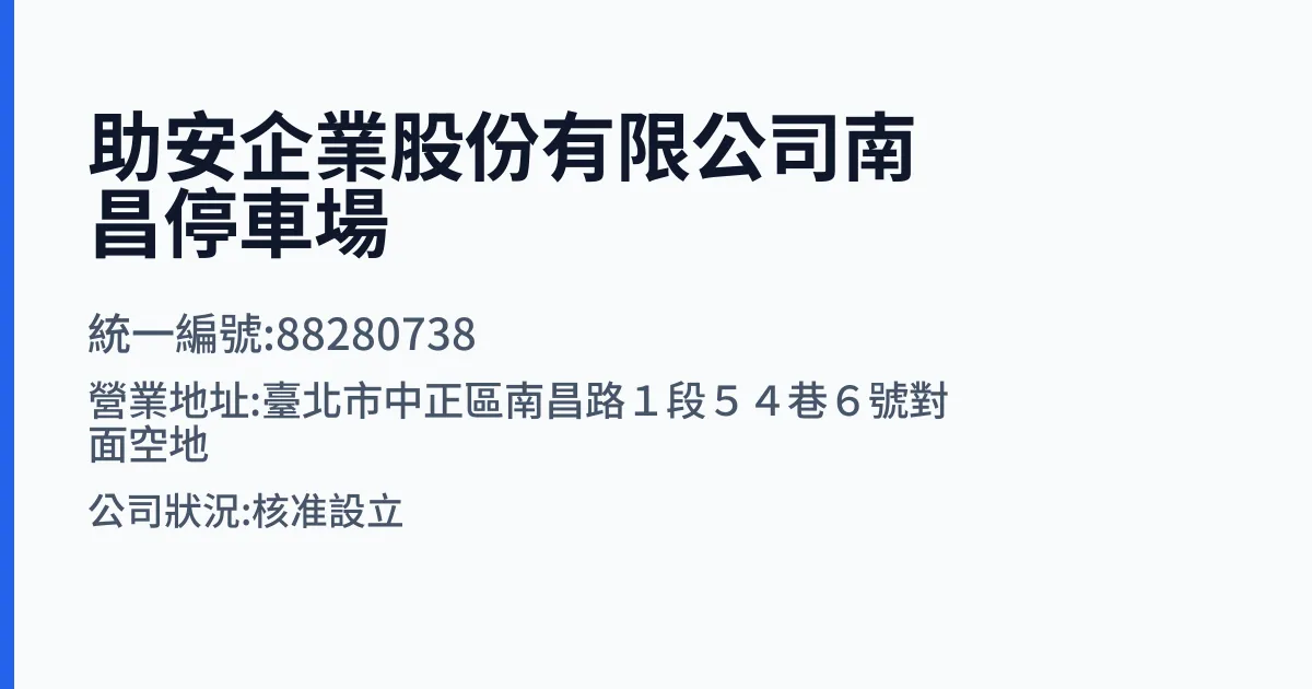 助安企業股份有限公司南昌停車場 - 統編 88280738(臺北市) 公司登記資料與營業項目詳細圖表