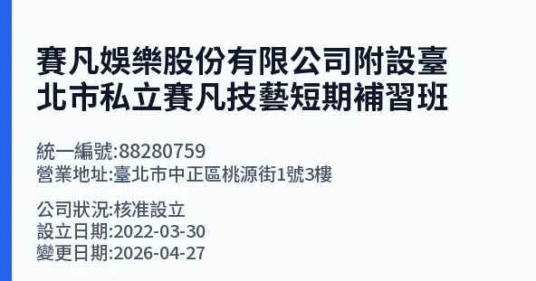 賽凡娛樂股份有限公司附設臺北市私立賽凡技藝短期補習班的照片-統編 88280759(臺北市) 公司登記資料與營業項目詳細圖表