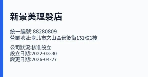 新景美理髮店的照片-統編 88280809(臺北市) 公司登記資料與營業項目詳細圖表