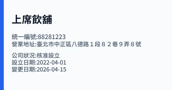 上席飲舖的照片-統編 88281223(臺北市) 公司登記資料與營業項目詳細圖表