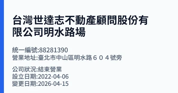 台灣世達志不動產顧問股份有限公司明水路場的照片-統編 88281390(臺北市) 公司登記資料與營業項目詳細圖表