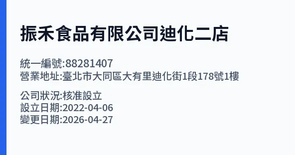 振禾食品有限公司迪化二店的照片-統編 88281407(臺北市) 公司登記資料與營業項目詳細圖表
