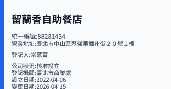 留蘭香自助餐店的照片-統編 88281434(臺北市) 公司登記資料與營業項目詳細圖表