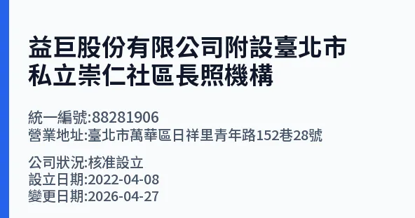 益巨股份有限公司附設臺北市私立崇仁社區長照機構的照片-統編 88281906(臺北市) 公司登記資料與營業項目詳細圖表