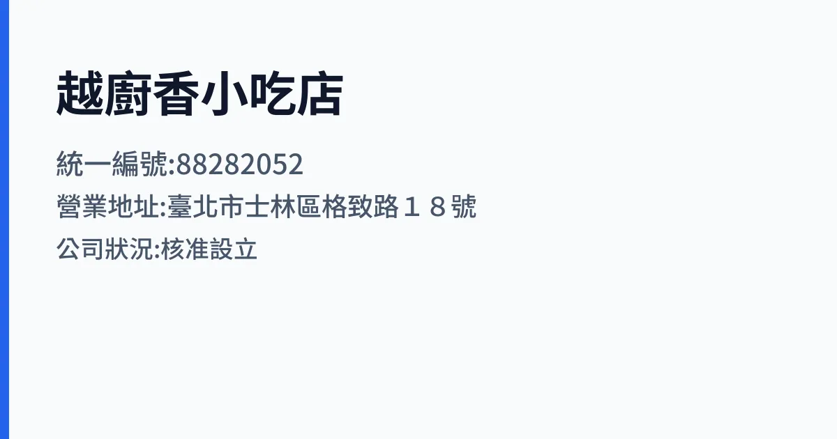 越廚香小吃店 - 統編 88282052(臺北市) 公司登記資料與營業項目詳細圖表
